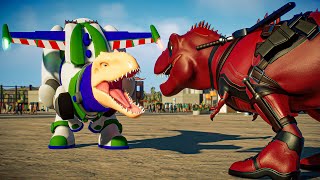 Buzz lightyear Dinosaur vs Deadpool, Iron man, Sonic | Super hero dinosaur Fight | JWE2 Mods
