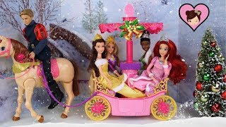 Barbie Princess Carriage Christmas Party! Rapunzel Ariel Elsa & Anna Gifts