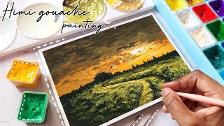Sunset Landscape Painting tutorial for beginners/ Gouache painting-Himi Jelly Gouache/ Paint with me
