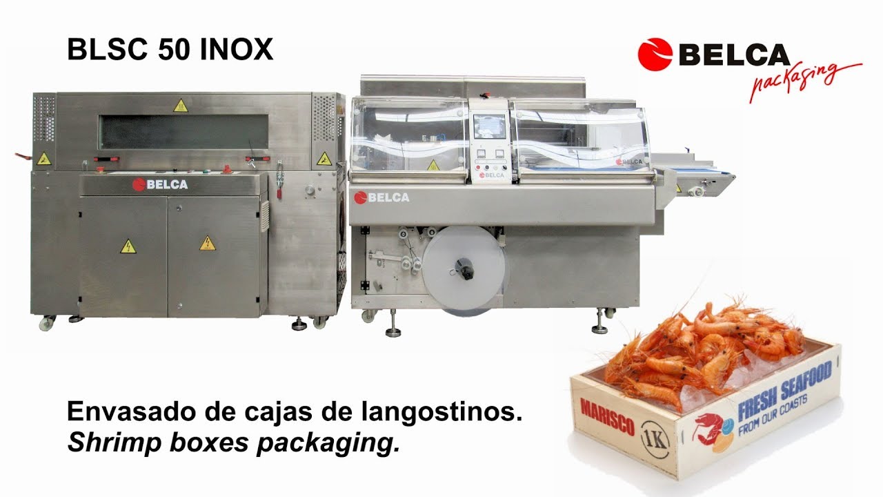 Shrink packaging of shrimp boxes with BLSC 50 INOX and CTVDCA INOX - BELCA