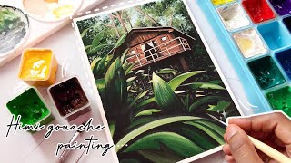 Cabin in Forest / forest painting / himi jelly gouache painting / gouache ????????✨