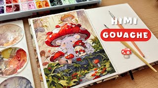 Cute mushroom painting with himi jelly gouache / 112 colors / paint with me ???? / unboxing washi tapes