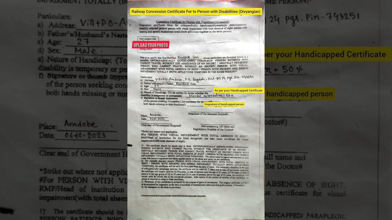 Railway Concession Certificate For Persons With Disabilities (Divyangian) From fill up