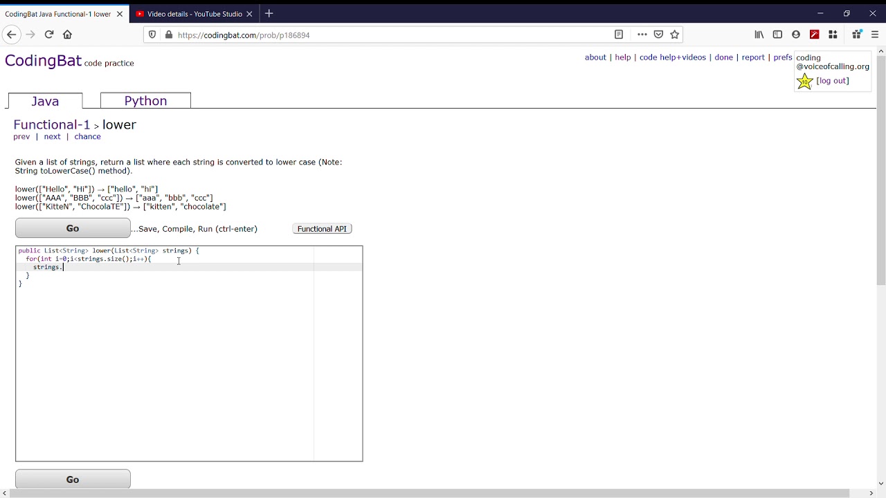 Functional-1 (lower) Java Tutorial || codingbat.com