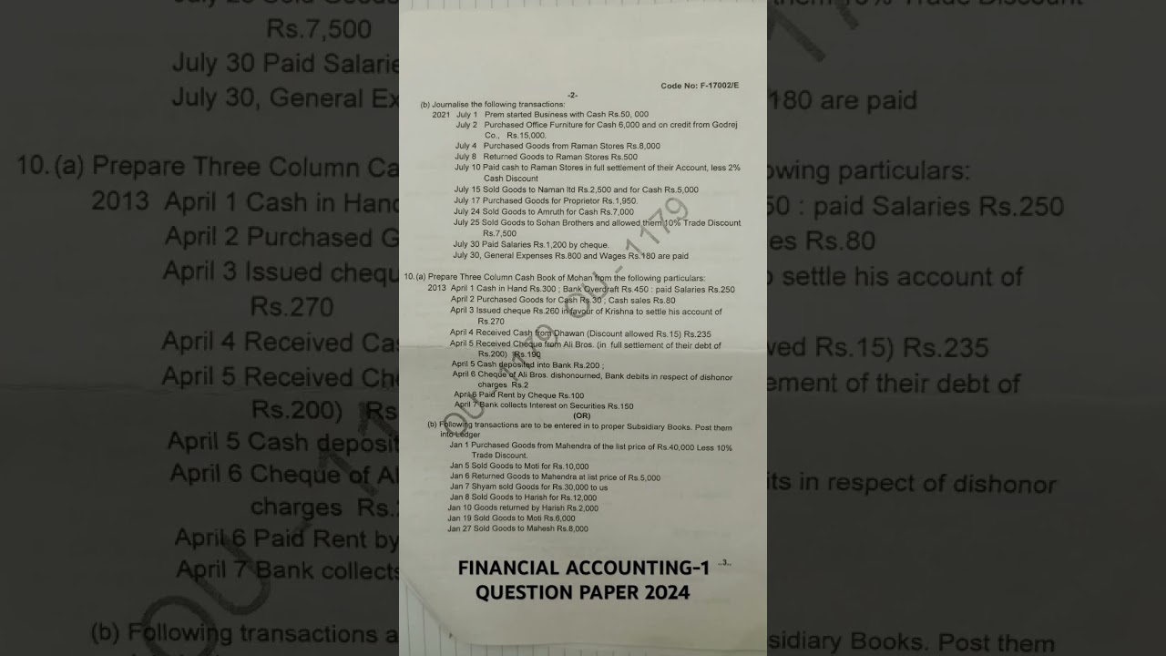 Financial accounting -1 bcom 1st sem 2024 question paper
