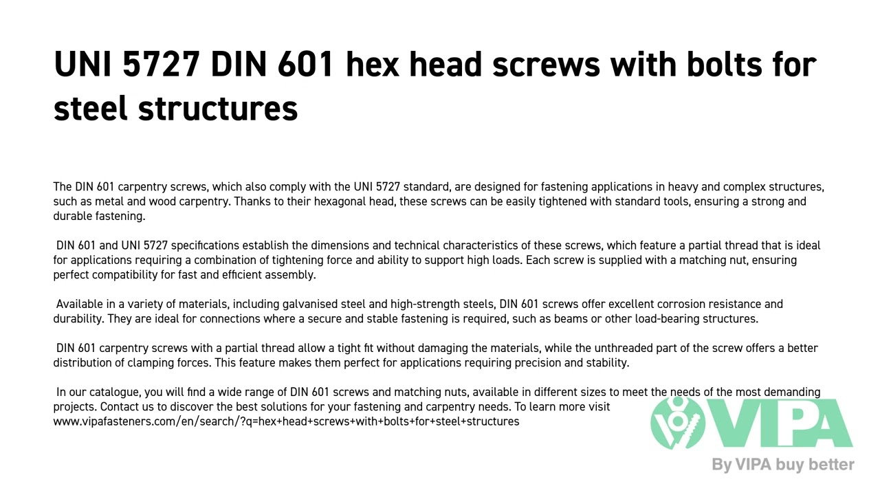 UNI 5727 DIN 601 hex head screws with bolts for steel structures