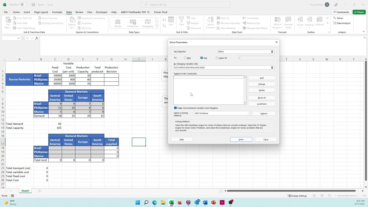 Binary Transportation Model in Excel Solver (Part 2 – Solver Setup & Logic)
