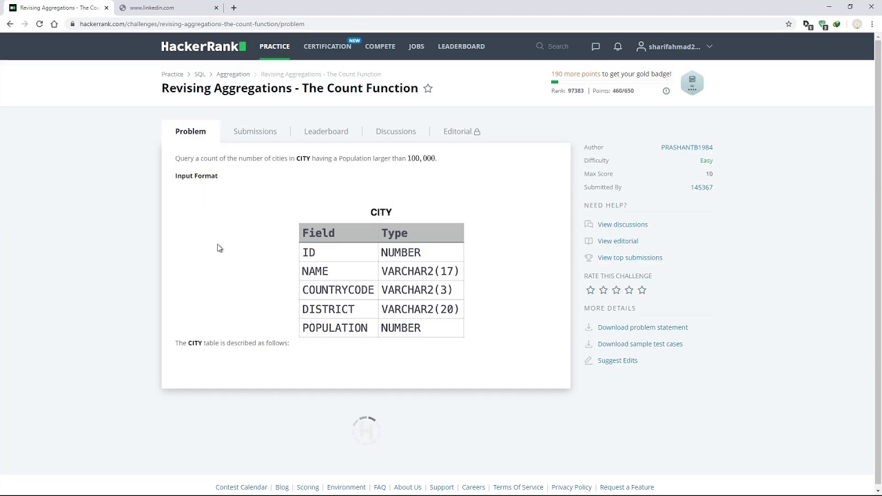 HackerRank challenge - Revising Aggregations the count function