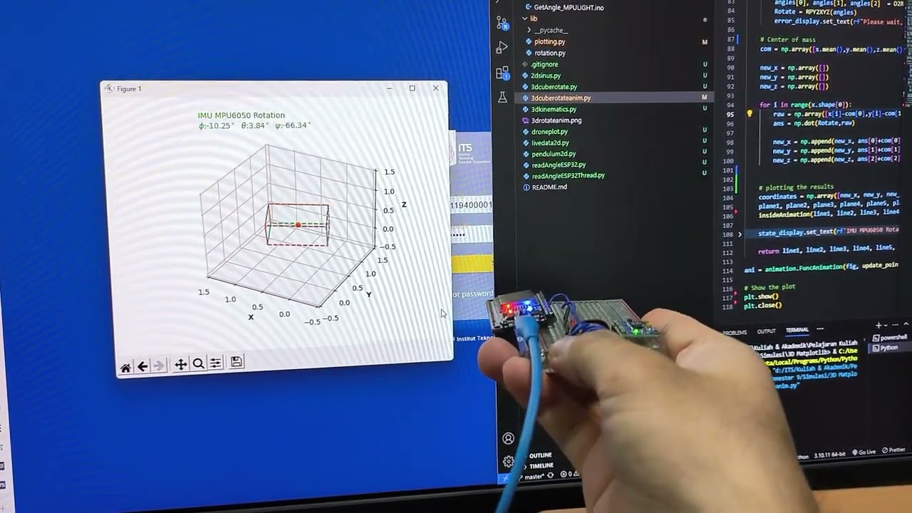 IMU MPU-6050 Visualization in 3D Matplotlib using Python & ESP32