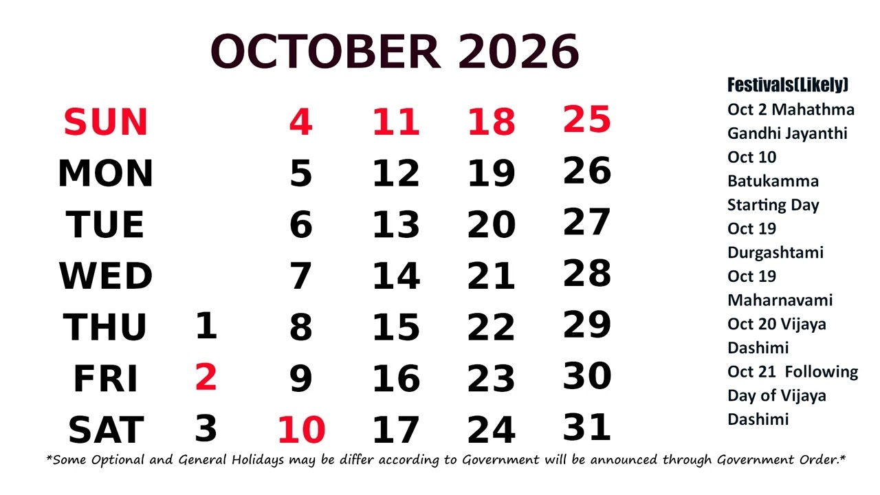 October Calendar 2026