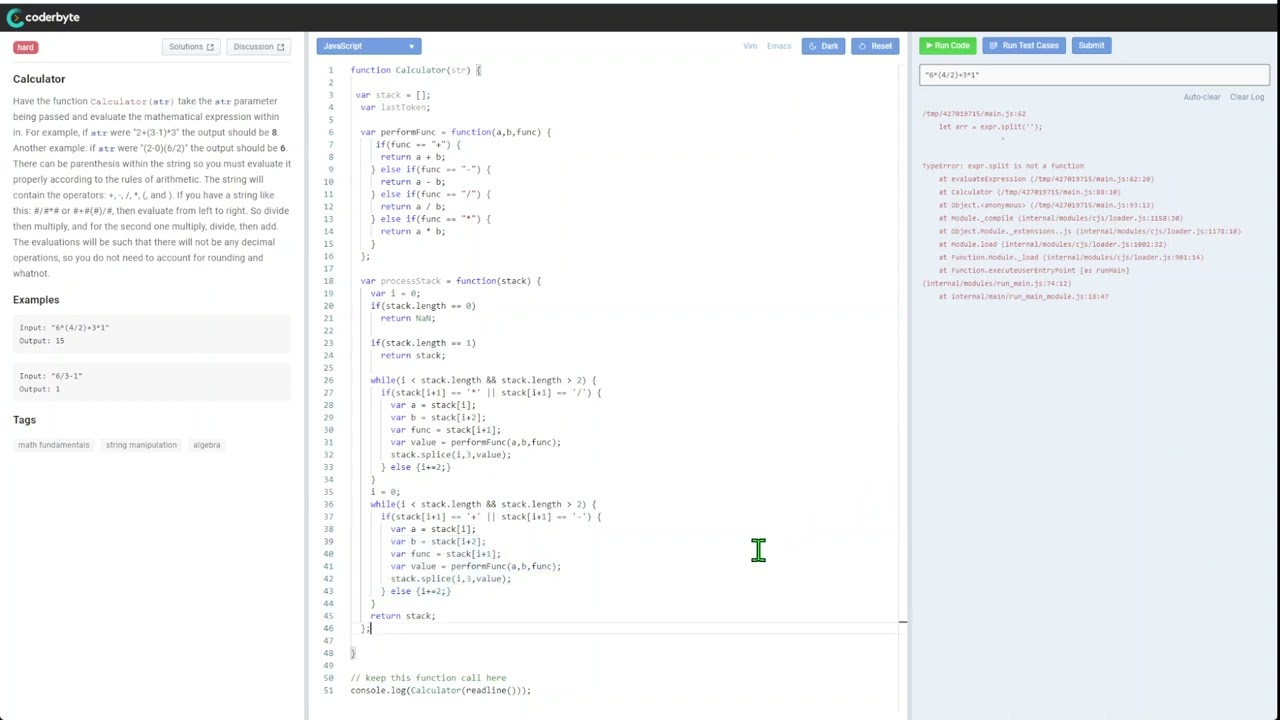 Coderbyte - Calculator - Code challenge - JavaScript Solution Source Code Answers
