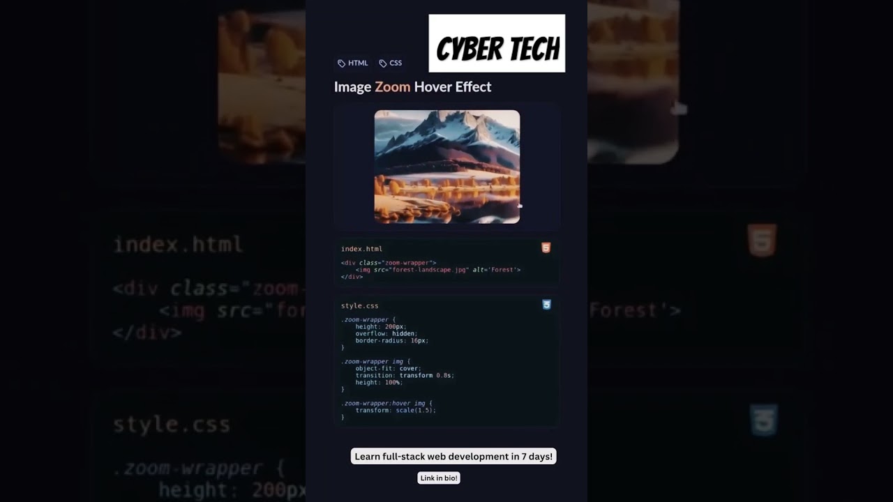 Image zoom hover effect with Html and css #html #webdesign #html5 #cybertech #css #css3  #htmlcss