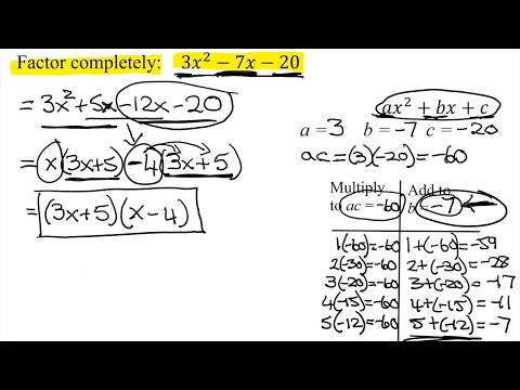 Factor the Trinomial 3x^2-7x-20 Where There is No GCF & the Leading Coefficient a=3