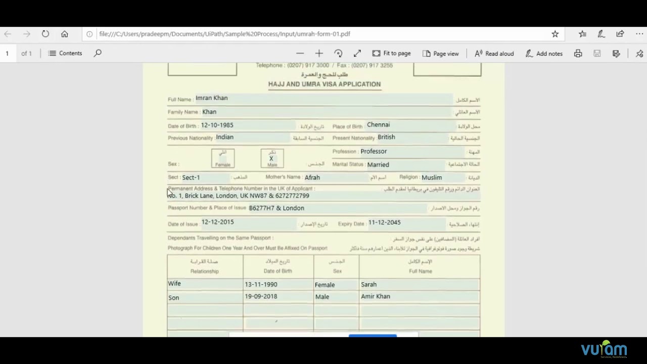 Vuram Hajj Visa (Umrah) Form Extractor - RPA Component | UiPath Marketplace