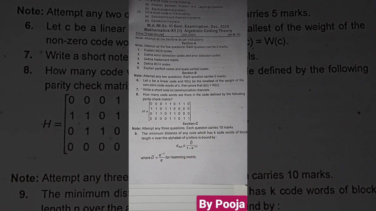 M.Sc/M.A 3rd Sem Algebraic Coding Theory 2020