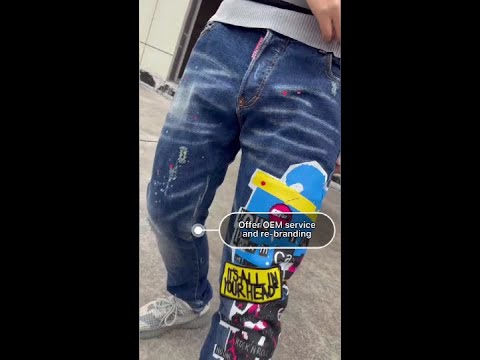 Men DSQ2 Jeans Blue with Color Dot Printing Embroidery Patch Jeans