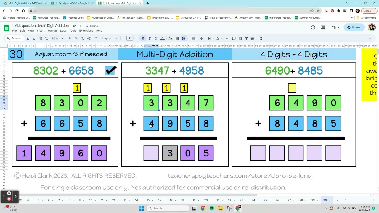 Multi Digit Addition Self Checking in Google Sheets