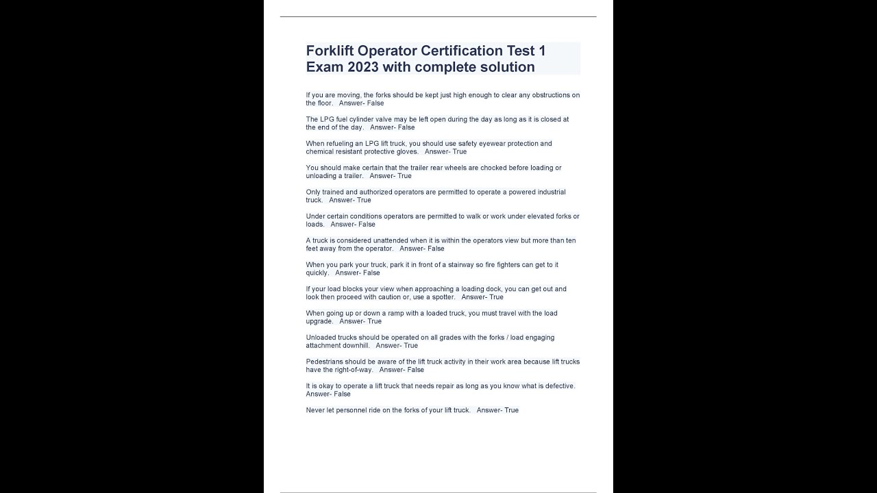 Forklift Operator Certification Test 1 Exam 2023 with complete solution