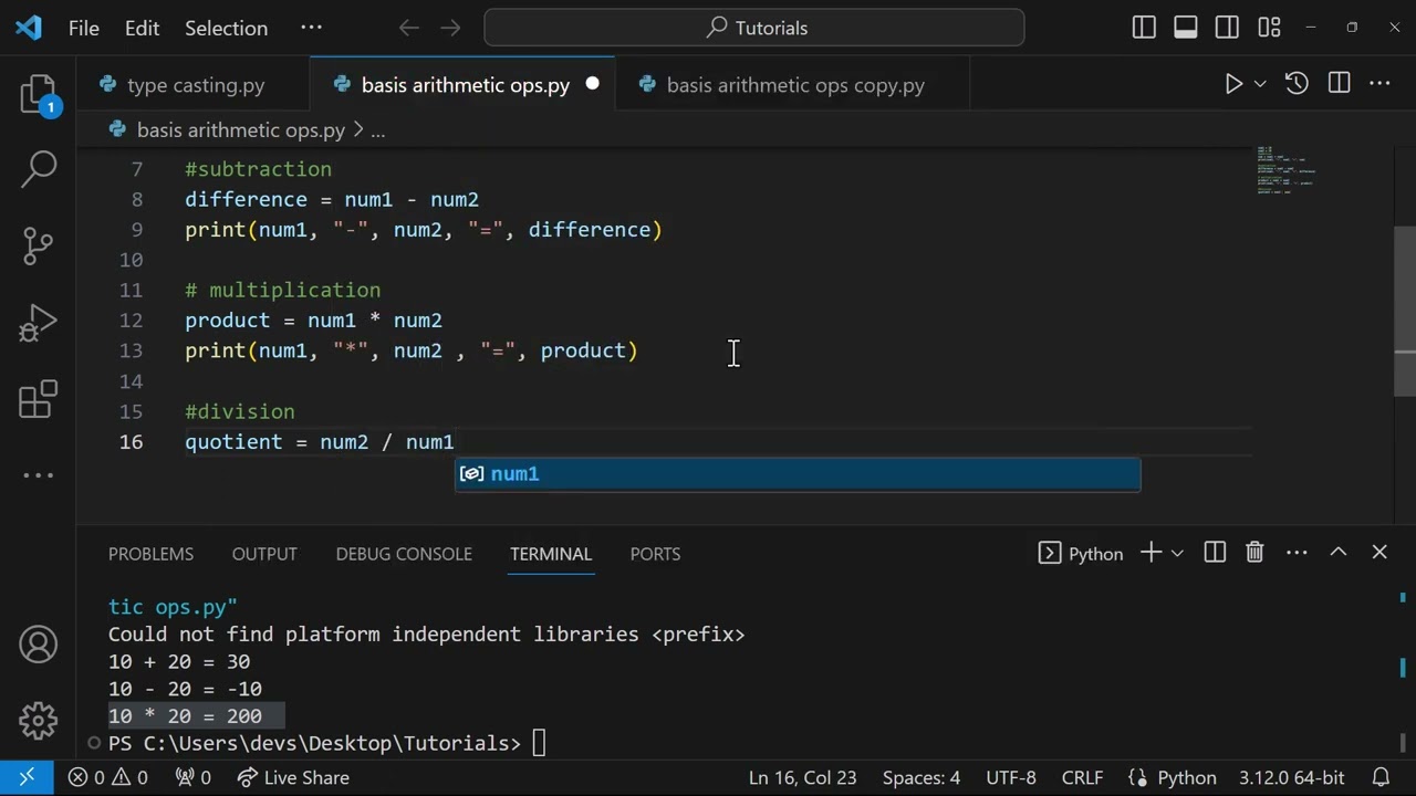 Python Basic Arithmetic Operators including Multiplication Integer Division Modulus Power and more