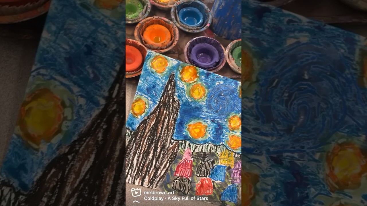 Starry Night masterpieces by third grade artists! ⭐️🌙  #ArtTeacher #MrsBrownArt #artlesson