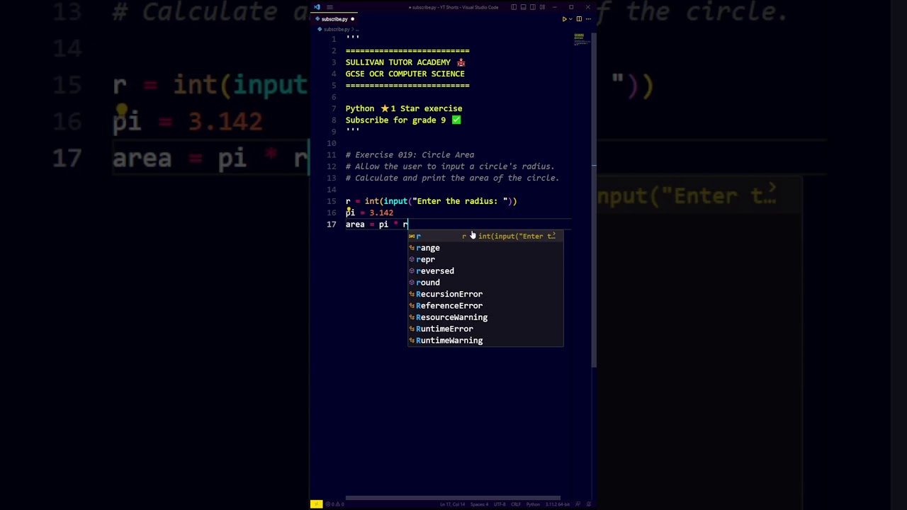 FIND AREA OF A CIRCLE - Python GCSE (Beginner)