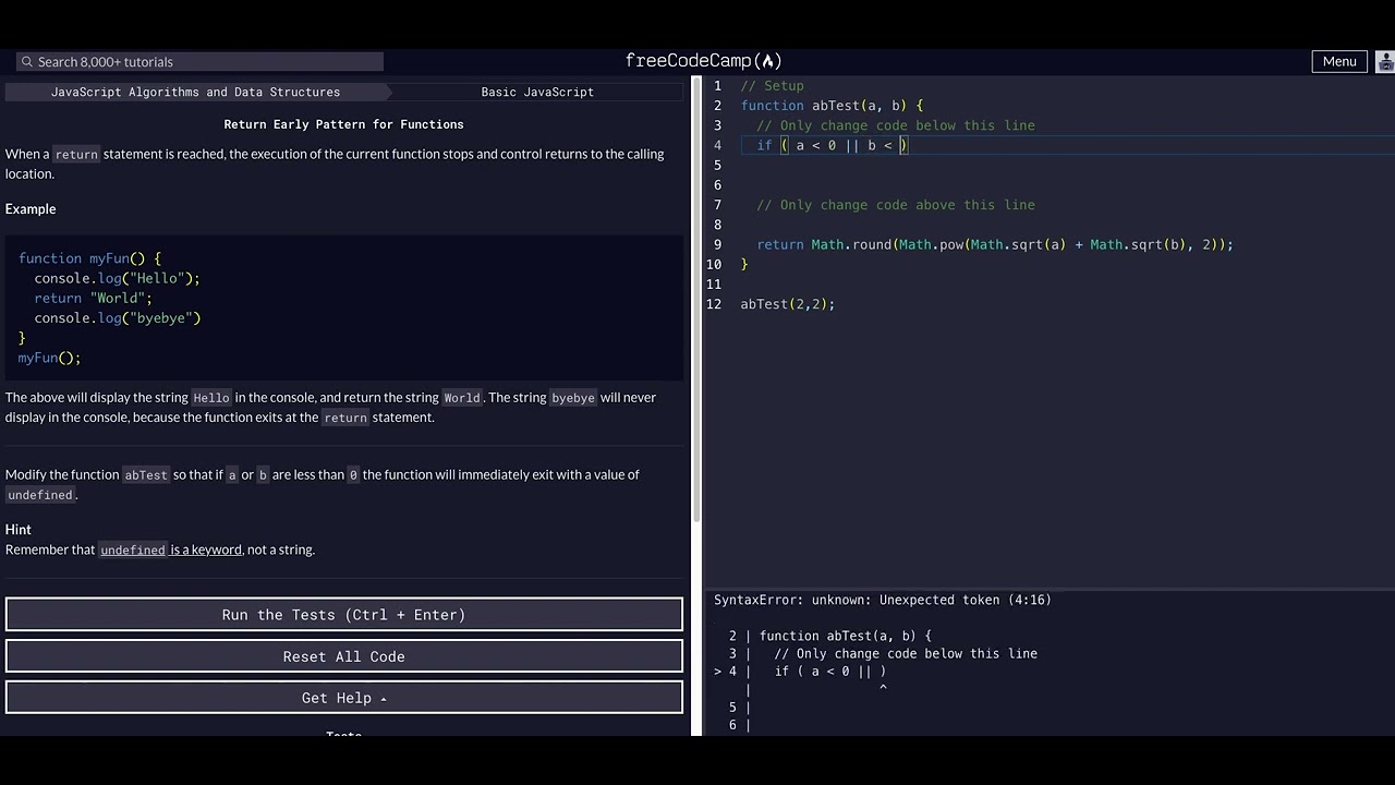 Return Early Pattern for Functions - Free Code Camp Help - Basic Javascript Algorithms & Data Struct