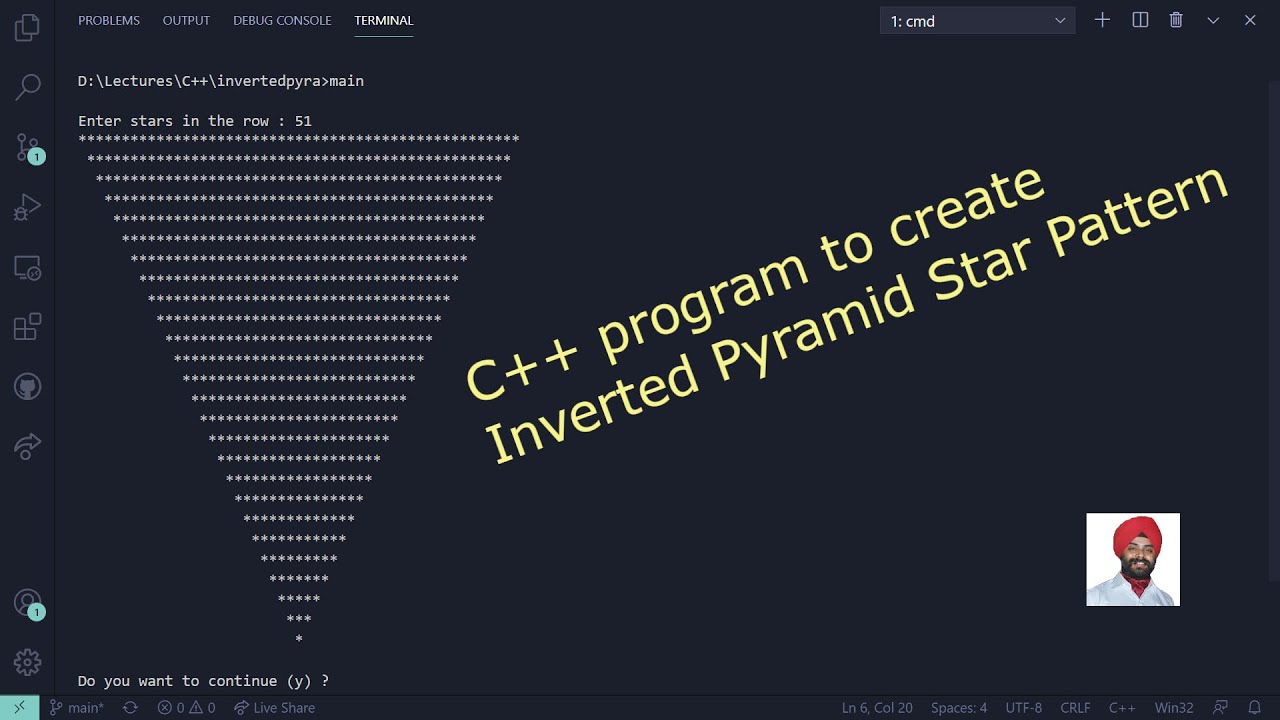 C++ code for printing Inverted pyramid star pattern.