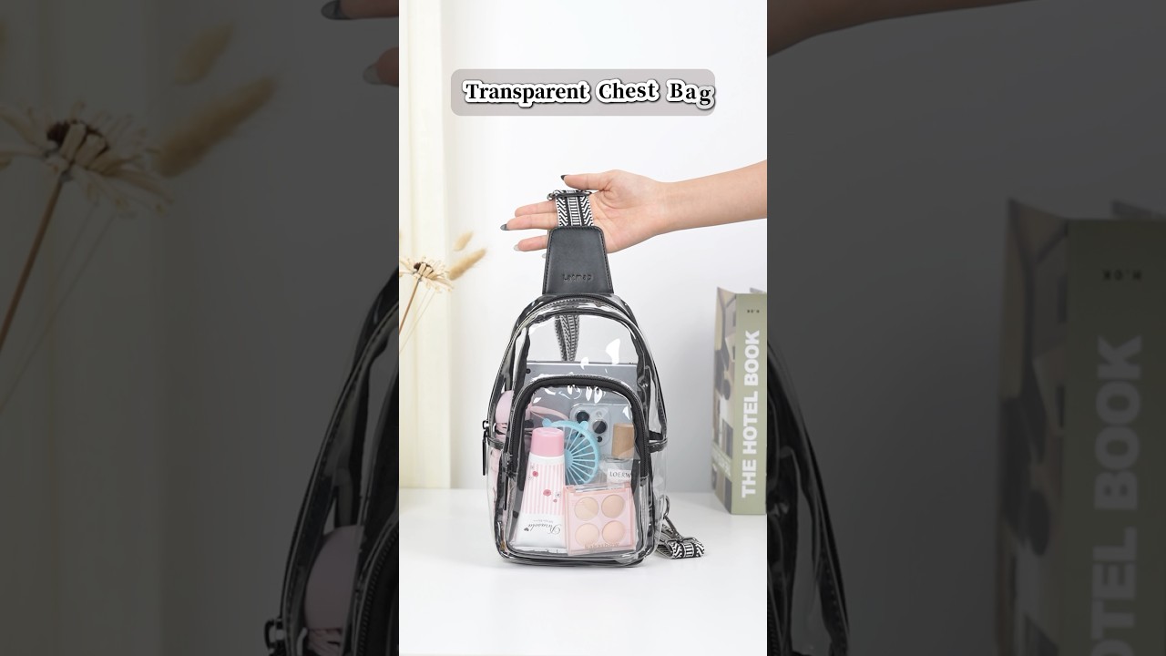 This transparent bag features a zippered main compartment and a front pocket for small items.