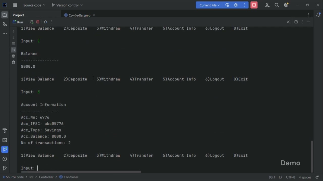Banking Application in Java Console Based Application Demo