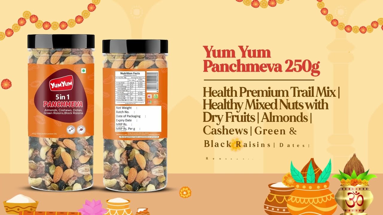 YUM YUM Mix Dry Fruits - Panchmeva - Almond, Cashew, Dates, Black Raisin, Green Raisin 250g Jar