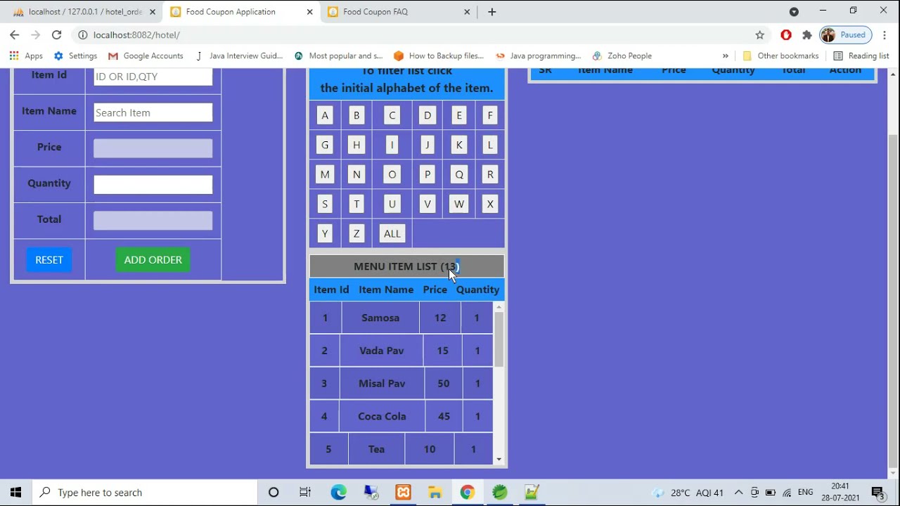 Restaurant billing system - Java Spring Boot