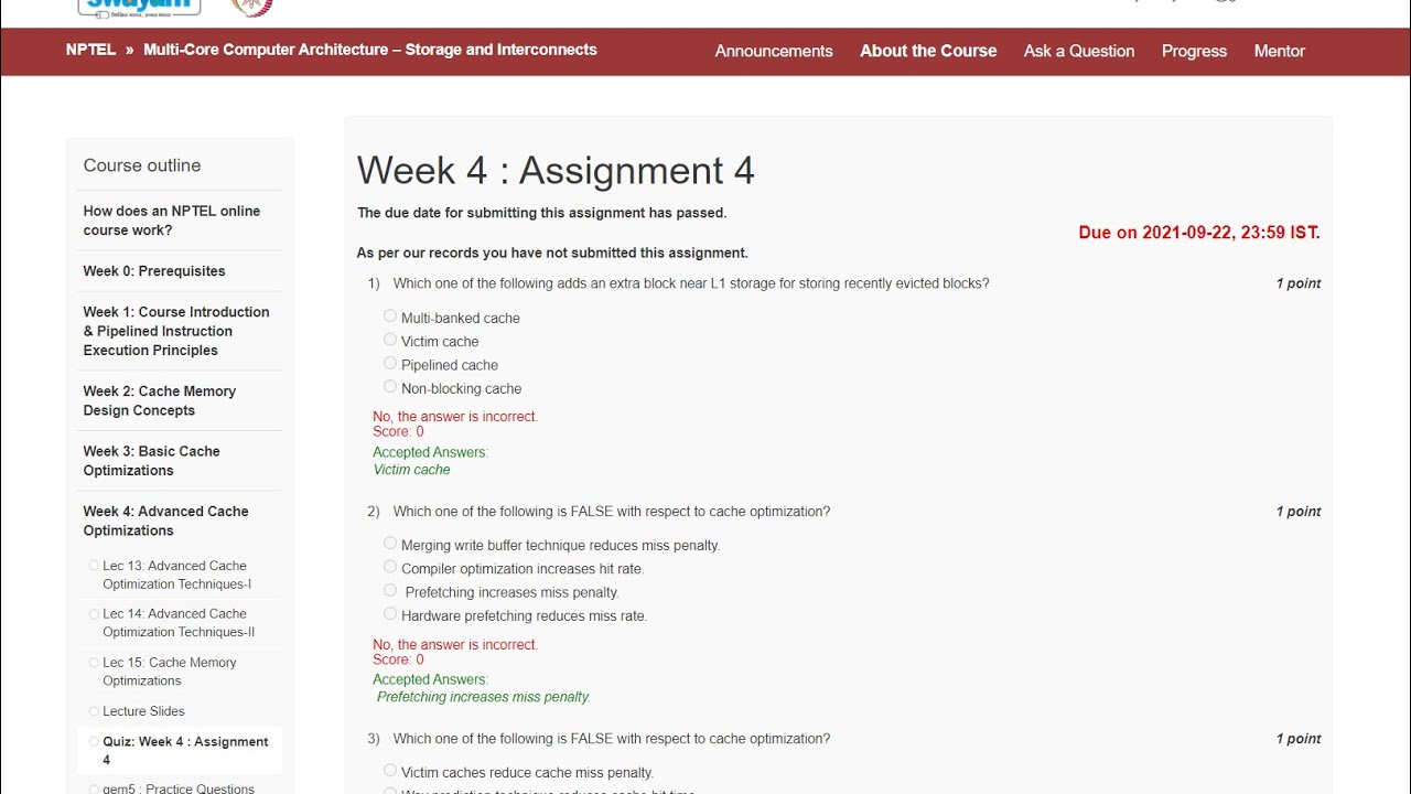 Multi-Core Computer Architecture | NPTEL | Week 4 | assignment with  solution 4 | 2021