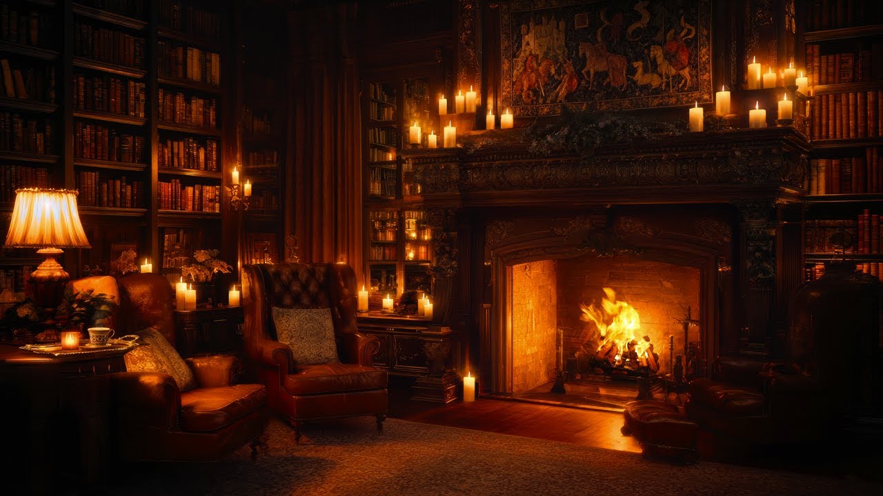 Fireplace and Candlelight Sanctuary: Cozy Old English Library Ambience | For 8 Hours of Sleep & Rest
