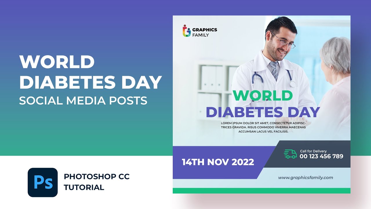 World Diabetes Day Banner Design for Social Media Post - ADOBE PHOTOSHOP TUTORIAL