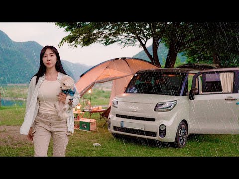 ☔️비 내리는 강가에서 작은 차와 텐트로 아늑하게 강아지와 우중 그림 캠핑 | 연어솥밥 | 수채화 | 빗소리ASMR