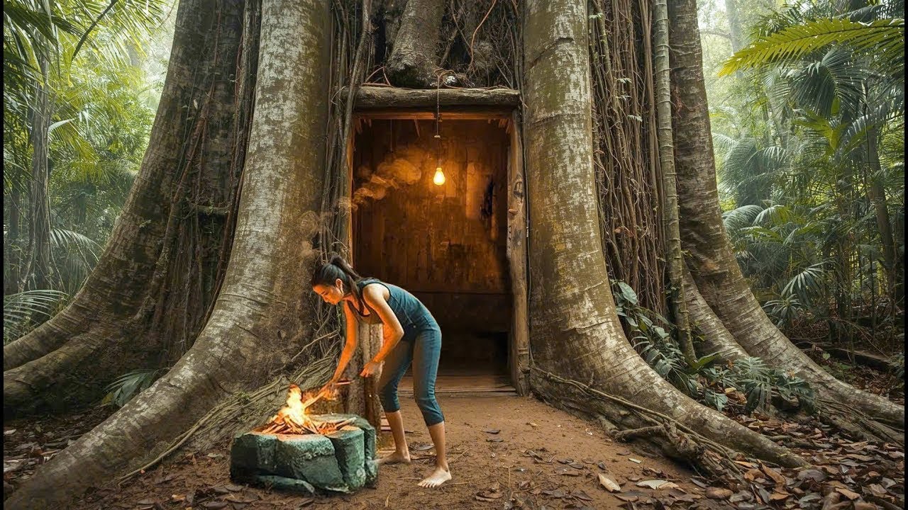 200 Days Building a Secret Shelter Under a Giant Tree for Survival. Bushcraft