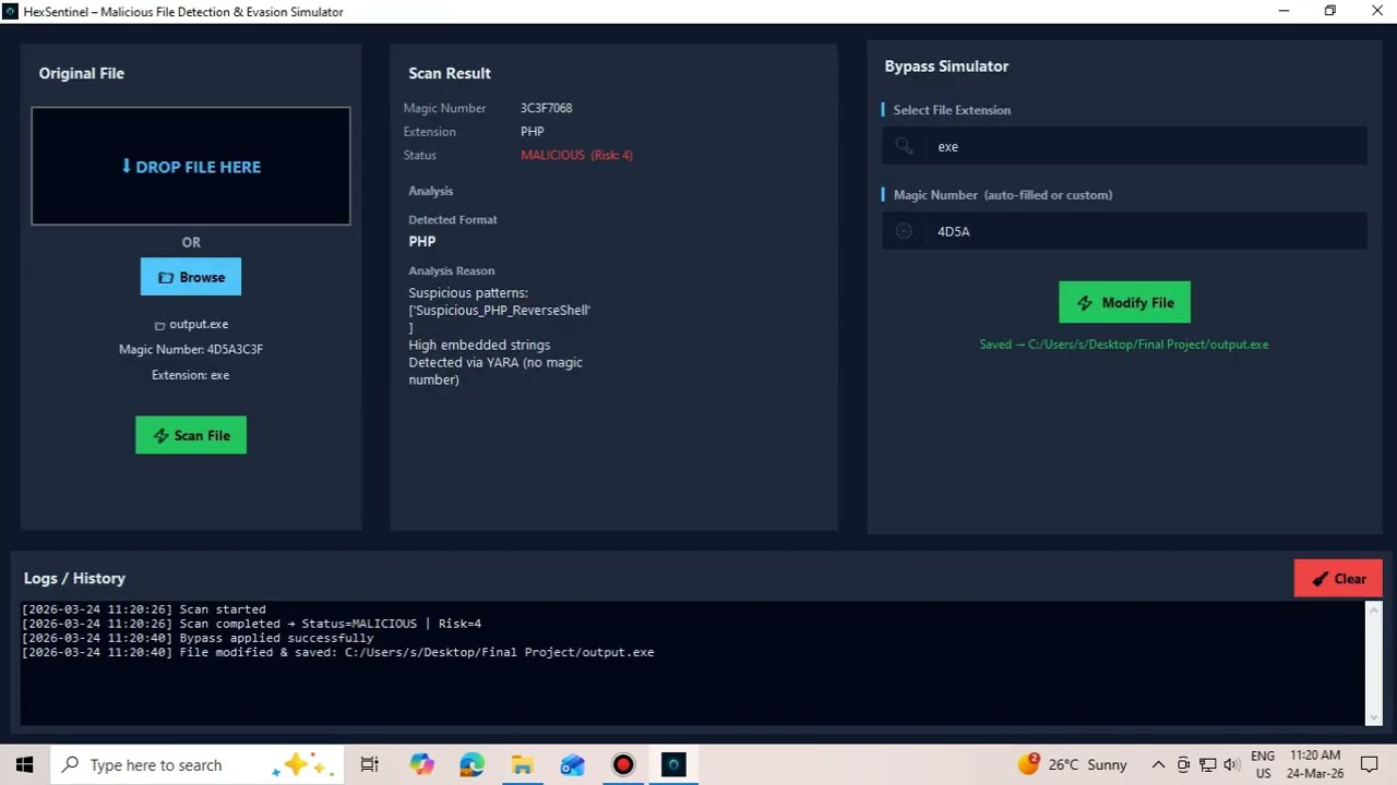 HexSentinel - Malicious File Detection Tool | Magic Number Analysis | Bypass Simulation (Python)