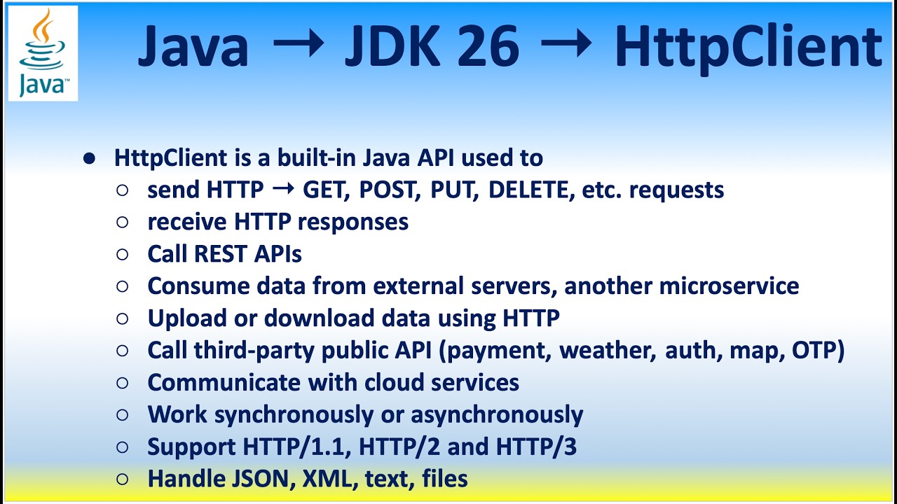 Java → JDK 26 → HttpClient, Call REST APIs, Consume data from external servers, another microservice