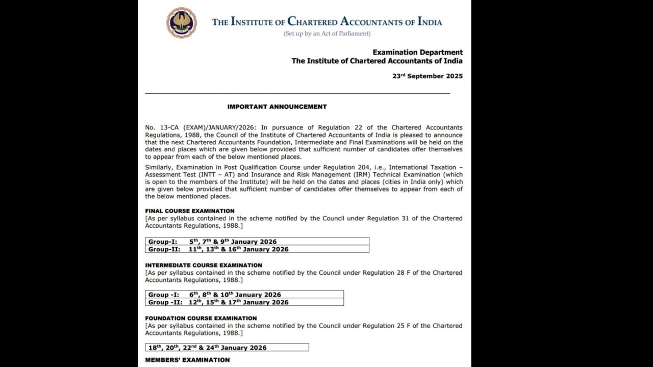 CA Jan 2026 Date Sheet OUT | Foundation, Inter & Final Official Date Sheet Explained