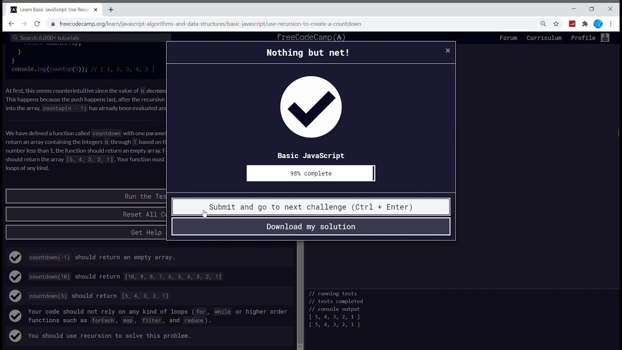 Basic Javascript (110/111) | Use Recursion to Create a Countdown | freeCodeCamp