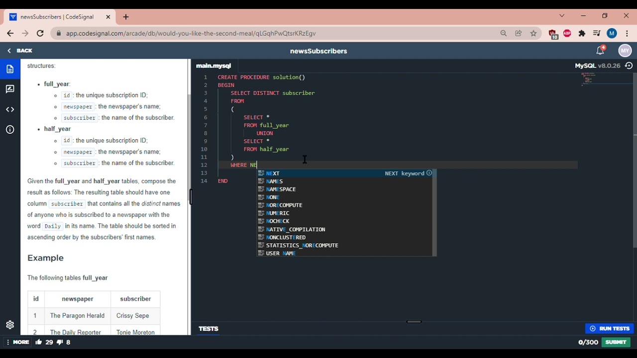 newsSubscribers CodeSignal   SQL MySQL