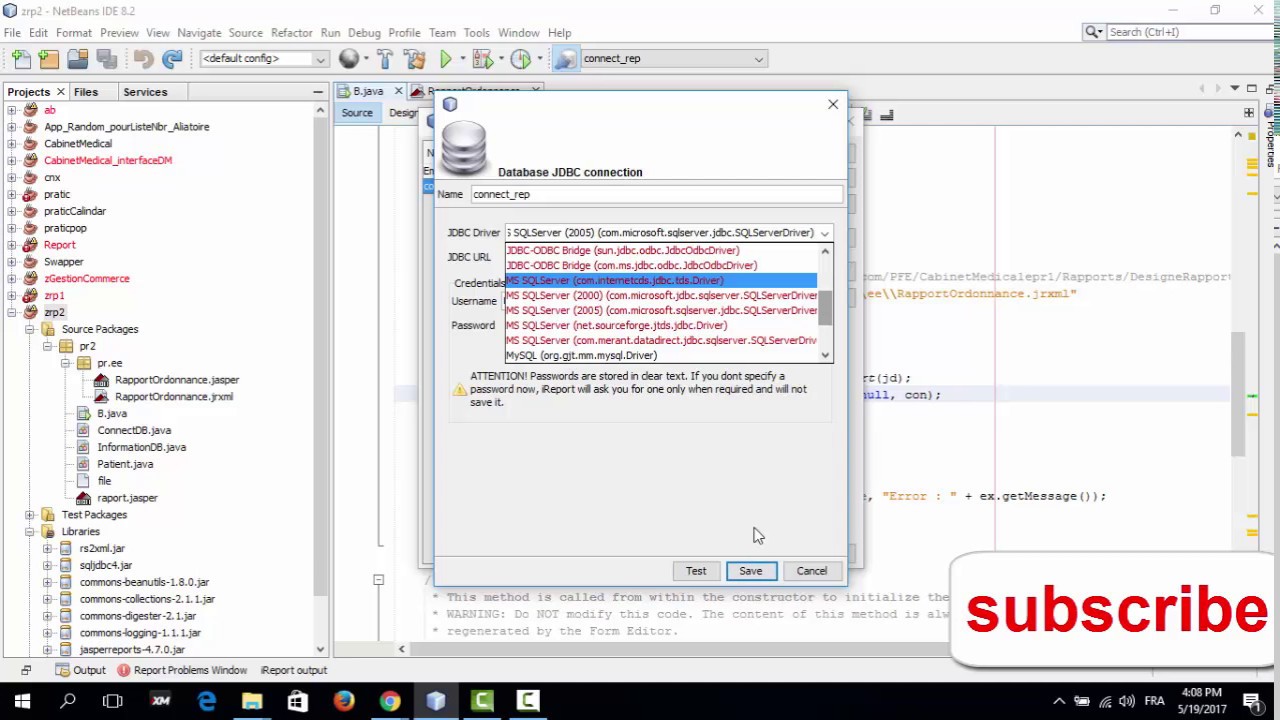 Connection project java with jasper report with Database by Driver SQLServer