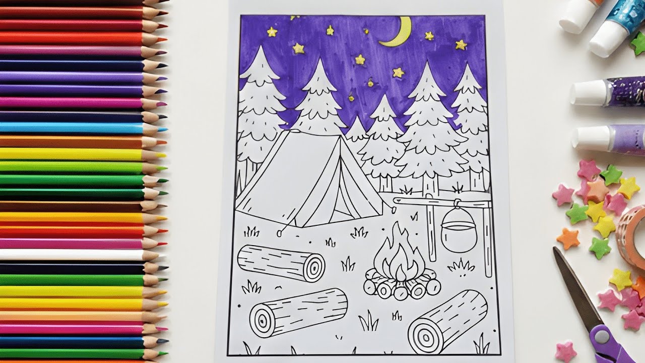 COLORING NIGHT CAMPING AND CAMPFIRE
