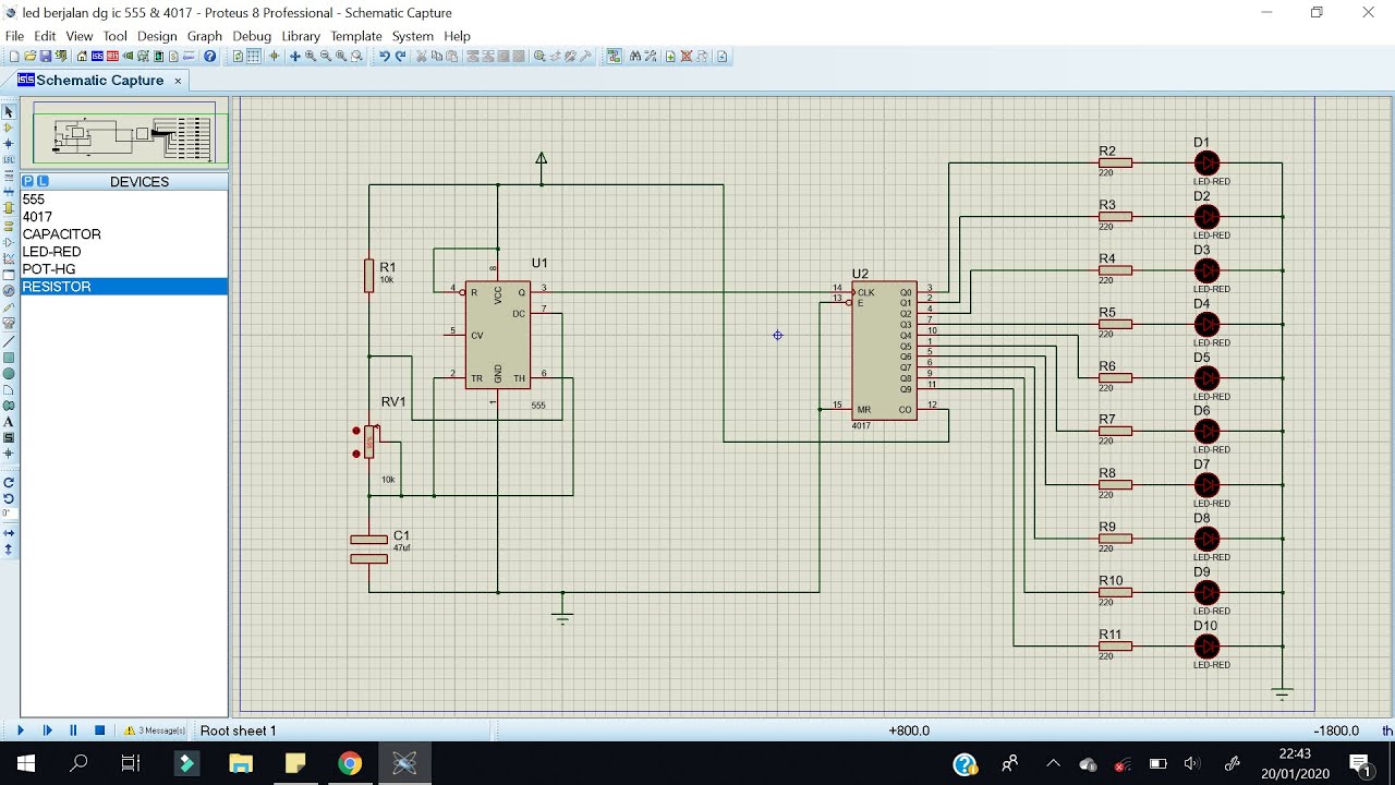 Cara membuat rangkaian Running LED (Led Berjalan) dg Software Proteus 8 menggunakan IC 555 & IC 4017