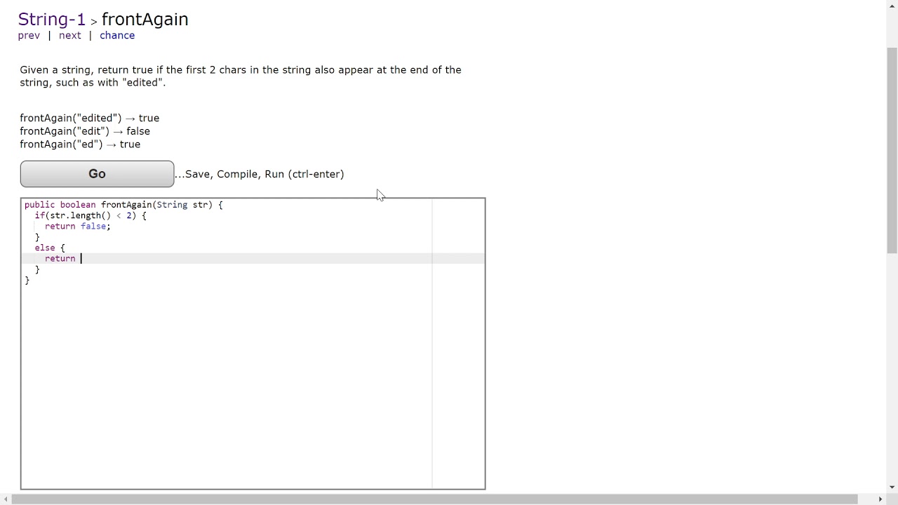String-1 (frontAgain) Java Solution || Codingbat.com
