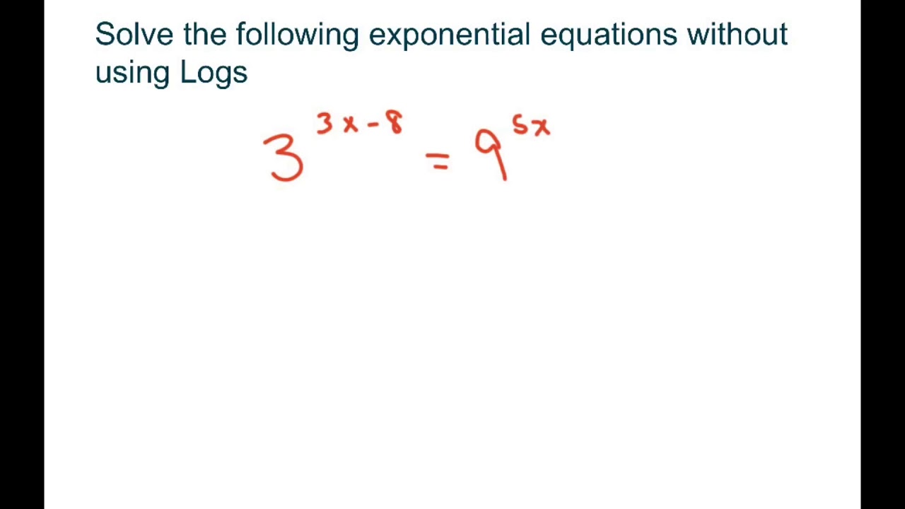 Solve the following exponential equation without Using Logarithms. 3^(3x -8) = 9^(5x)
