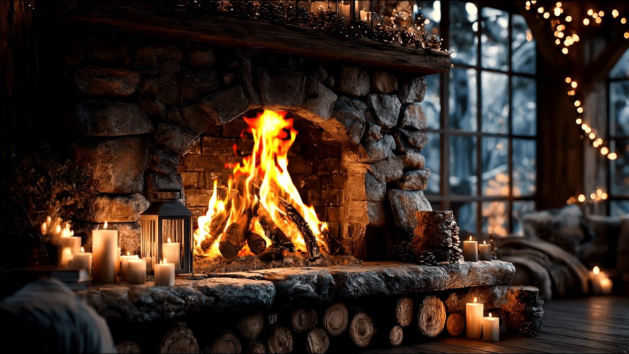 Winter Fireplace 4K with Crackling Logs in a Cozy Cabin Ambience to Relieve Stress and Insomnia