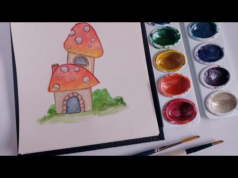 Easy Drawing Mushroom Fairy House Using Watercolors 🎨 Step-By-Step Painting