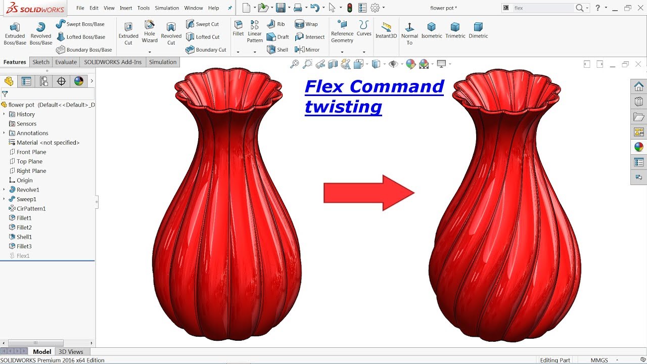 Solidworks tutorial Flowerpot Flex Command