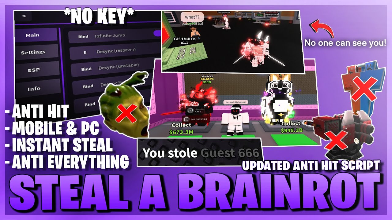 Steal A Brainrot Script *NO KEY* - Invisible Steal, Anti Hit, Anti Swap, Brainrot Spawner & More! ☯️
